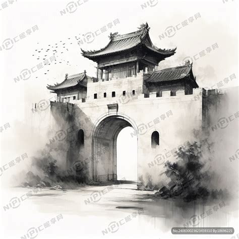 AI创作图正面的斑驳破旧的城门洞明代城墙素描画nipic 昵图网