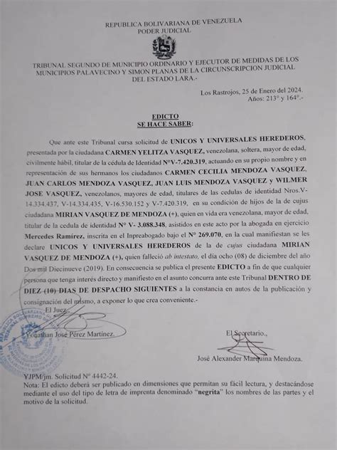 EDICTO ÚNICOS Y UNIVERSALES HEREDEROS presentada por la ciudadana