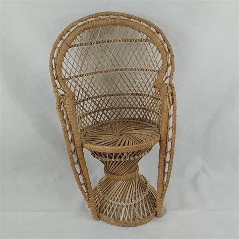 Vintage Peacock Doll Chair Wicker Rattan Plant Stand Boho 43 Cm Tall
