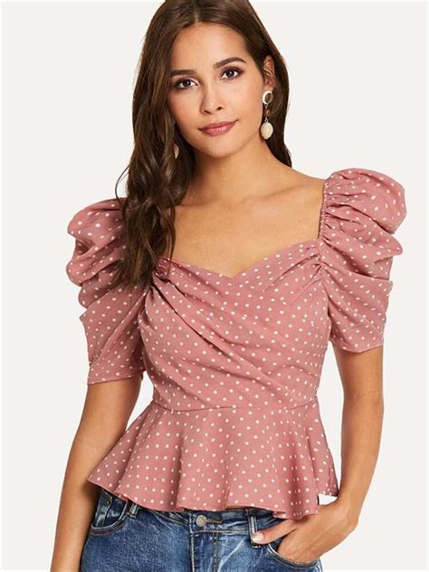 Puff Sleeve Wrap Peplum Polka Dot Top Shein Usa Blusas Bonitas