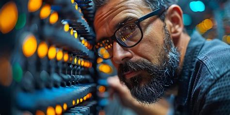 Network Engineer Working In Server Room Connecting Network Cables To Switches Premium Ai