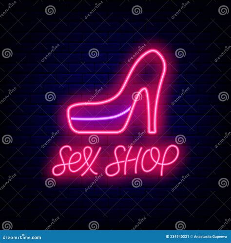 Sex Shop Neon Emblem On Brick Wall High Heeled Shoe Sexual
