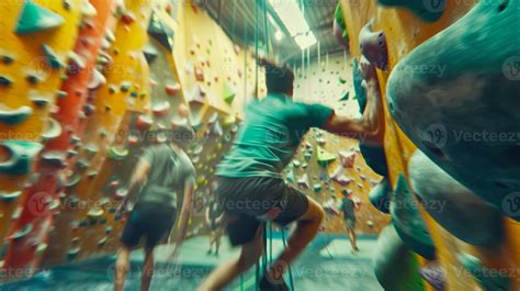 Disoriented Blurs Of Climbers Bouldering On A Fuzzy Surface In An