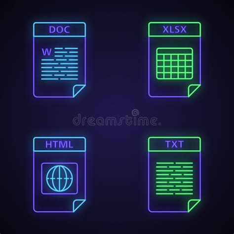 Files Format Neon Light Icons Set Stock Vector Illustration Of
