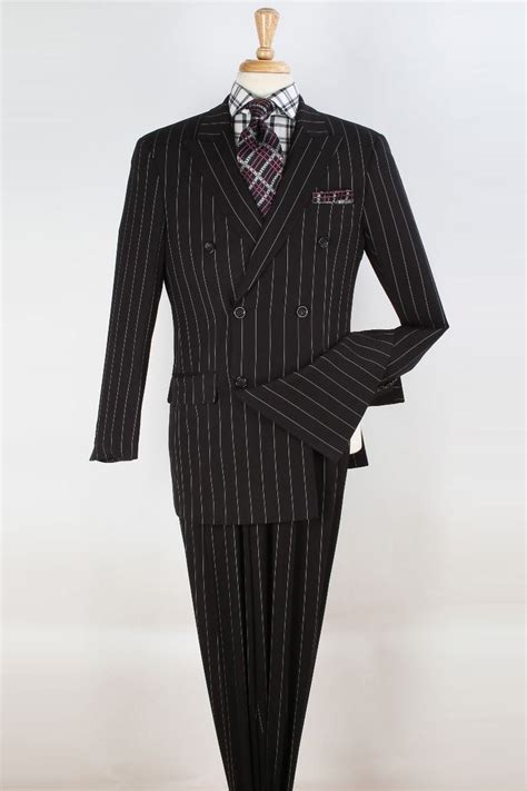 Mens Double Breasted 1920s Wide Bold Gangster Pinstripe Suit In Black