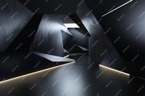 A 3d Black Interior With Sharp Angular Walls And Floating Panels The