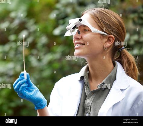 Science Nature And Woman With Sample With Glasses For Inspection