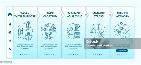 온보딩 벡터 템플릿을 소모하지 마십시오 시간을 관리합니다 스트레스 관리 정신 건강 관리 아이콘이 있는 반응형 모바일 웹사이트 웹 페이지 연습 단계 화면 Rgb 색상 개념