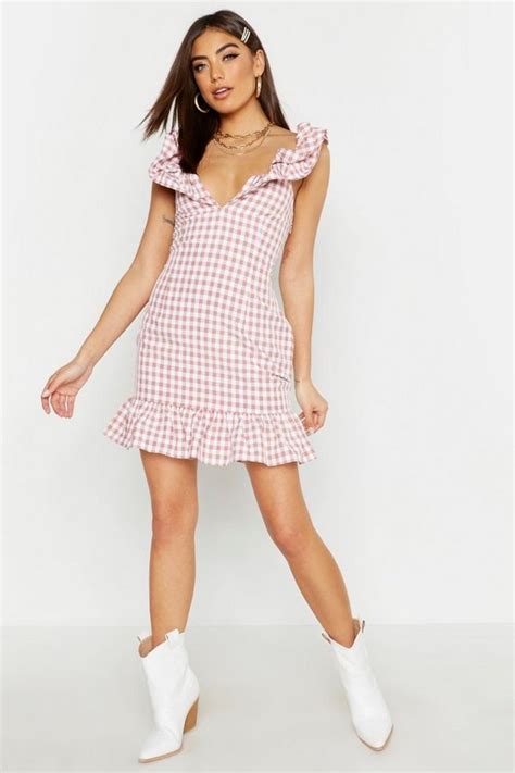 Gingham Ruffle Detail Mini Dress Boohoo