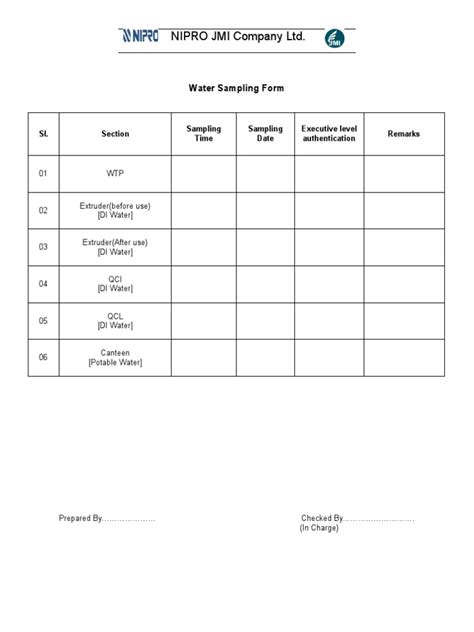 Nipro Jmi Company Ltd Water Sampling Form Pdf