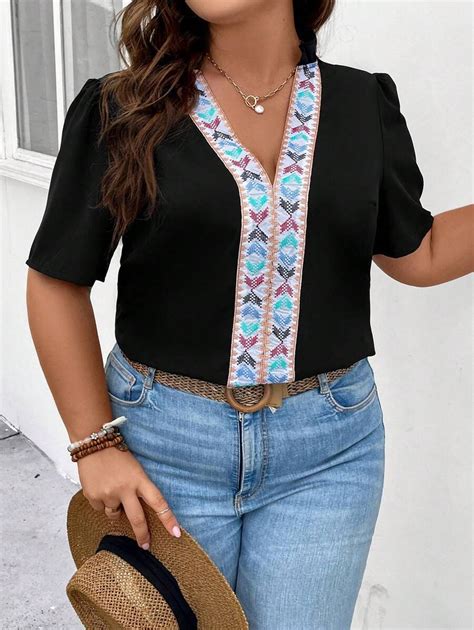 Shein Holidaya Plus Size Womens Patchwork Woven Tape Bubble Short