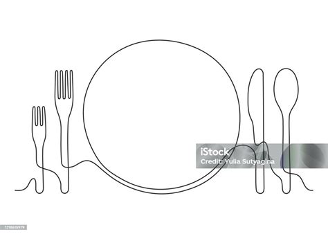포크와 숟가락으로 점심을 먹고 음식 연속 윤곽선 접시 칼 숟가락 포크 요리 메뉴 카페 또는 레스토랑을 위한 스케치 벡터 사인 그림 그리기에 대한 스톡 벡터 아트 및 기타