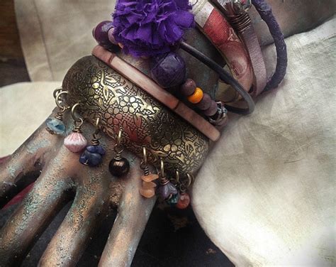 Gypsy Bangle Stack With Vintage Textiles Bead Charms And Tattered Silk