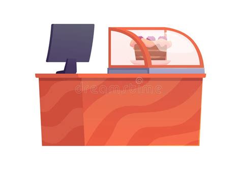 Bakery Shop Counter Showcase With Cake Dessert Vector Flat Interior