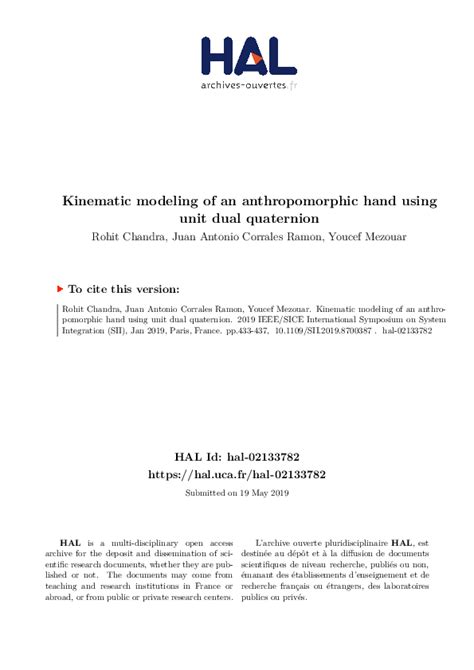 Pdf Kinematic Modeling Of An Anthropomorphic Hand Using Unit Dual