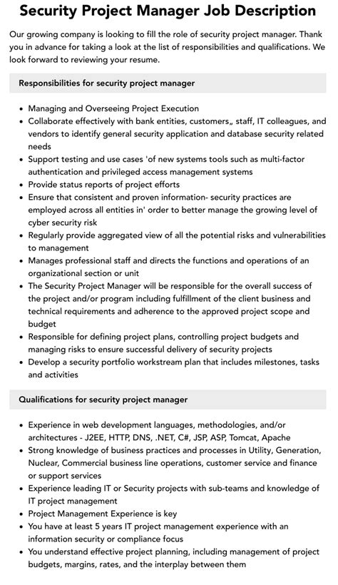 Security Project Manager Job Description Velvet Jobs