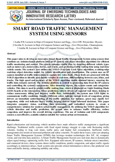 Pdf Smart Road Traffic Management System Using Sensors