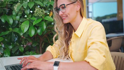 Woman Freelancer Coding At Outdoor Restaurant On Laptop 46156084 Stock