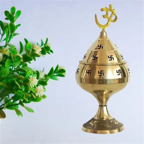 Golden Brass Diya Stand With Swastik Design For Home Temple Pooja At