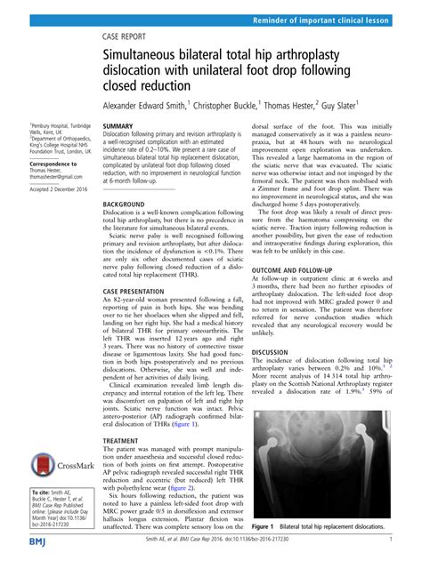 Pdf Simultaneous Bilateral Total Hip Arthroplasty Dislocation With Unilateral Foot Drop