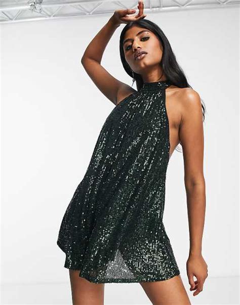 Asos Design Sequin Halterneck Playsuit In Emerald Green Asos