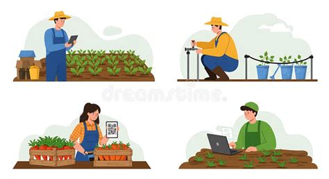 Farmers Managing Crops Using Technology In Agriculture Stock