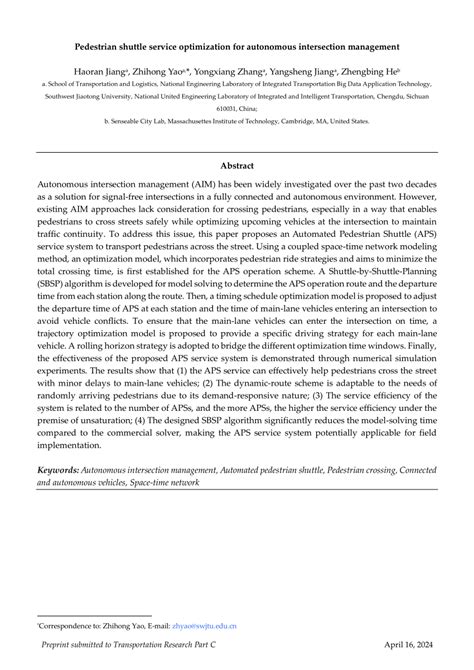 Pdf Pedestrian Shuttle Service Optimization For Autonomous Intersection Management