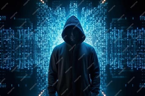 Hooded Hacker In Front Of Binary Code Background Hacking Concept