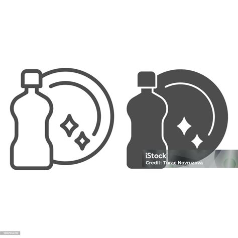 세제 병과 깨끗한 플레이트 라인과 단단한 아이콘 청소 서비스 개념 식기 세척 액체 및 흰색 배경에 접시 표지판 세제 아이콘 개요 스타일 위생 접시 벡터 그래픽 가사 집안일에