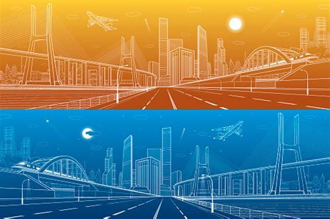 基礎設施全景大型電纜橋火車在橋上移動飛機飛行背景的現代城市塔樓和摩天大樓日夜版本向量設計藝術向量圖形及更多俄羅斯圖片 Istock