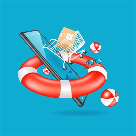 쇼핑 카트의 소포 상자는 구명 부표 안에 있는 스마트폰 앞에 떠 있고 온라인 쇼핑 여름 컨셉 디자인을 위해 파란색 배경에 벡터 3d 주위에 떠 있는 공이 있습니다