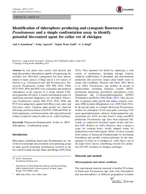 Pdf Identification Of Siderophore Producing And Cynogenic Fluorescent Pseudomonas And A Simple