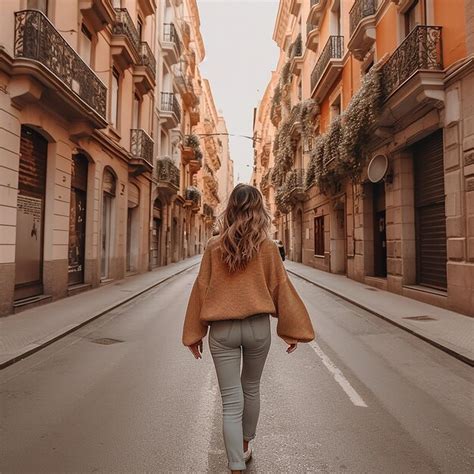 Premium Photo A Woman Walks Down A Street In Front Of A Building With