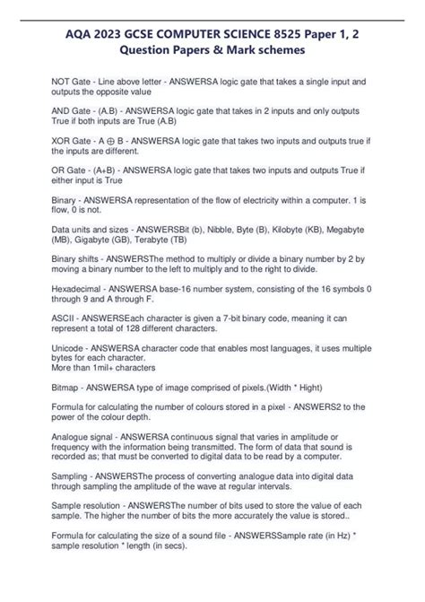 Aqa 2023 Gcse Computer Science 8525 Paper 1 2 Question Papers And Mark Schemes Aqa 2023 Gcse