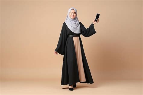 Full Body Young Arabian Asian Muslim Woman She In Abaya Hijab Clothes