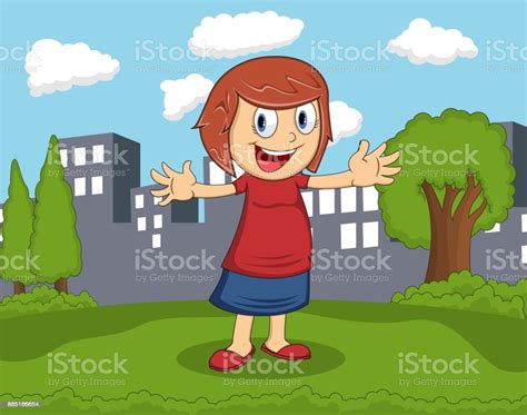 Girl Standing In The Park With City Background Cartoon Stock Illustration Download Image Now