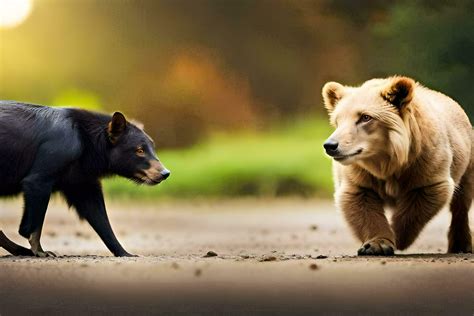 Two Black Bears Walking On A Dirt Road AI Generated 32588655 Stock
