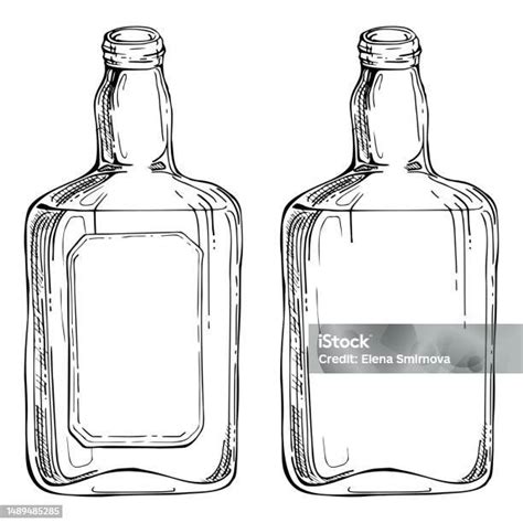 잉크 손으로 그린 벡터 스케치 격리된 개체입니다 라벨이 있는 스카치 위스키 위스키 유리 사각 병 스코틀랜드 상징 음료 관광 여행