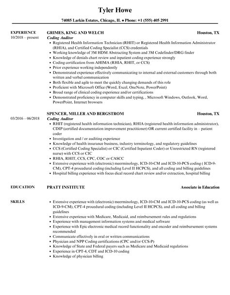 Coding Auditor Resume Samples Velvet Jobs