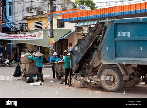Municipal Waste Collection Truck And Workers Hai Phong Vietnam Stock