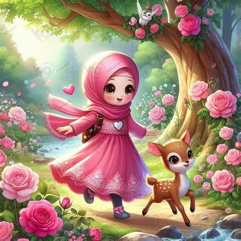 بک گراند کودکانه دختر کوچولوی ناز با حجاب پیرهن صورتی در حال دویدن با بچه آهوی ناز در باغ گل رز