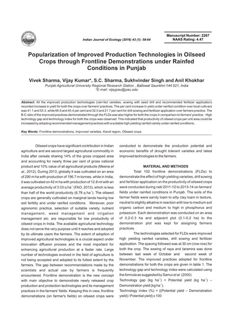 PDF Popularization Of Improved Production Technologies In Oilseed Crops Through Frontline