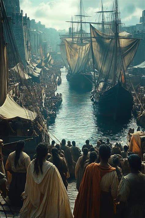 Slave Market Port Shows Ships Unloading Enslaved Individuals In Chains As Crowds Gather Stock