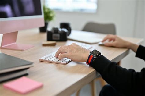 Close Up Image Businessman Or Male Office Worker Using Computer