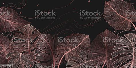 이국적인 핑크 황금 몬스터와 필로딘론 잎 수평 배경 어두운 배경에 손으로 그린 고급 황금 열대 잎 몬스터 나뭇잎의 벡터 선형
