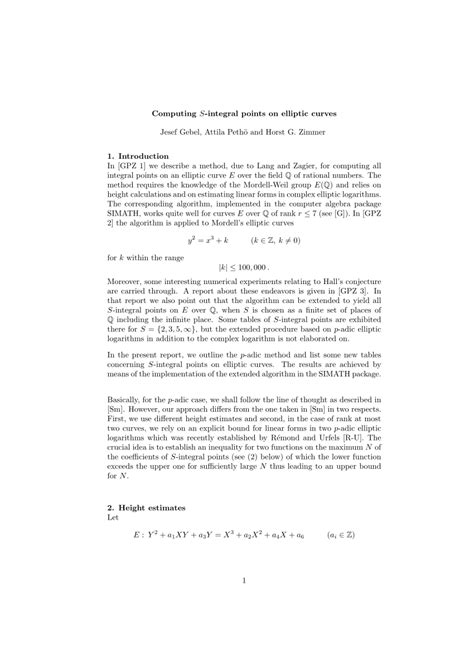 Pdf Computing S Integral Points On Elliptic Curves