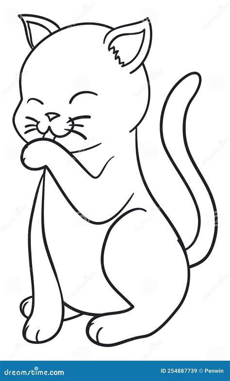 Gato Lindo Lamiendo Su Pata Listo Para Colorear Ilustración Vectorial