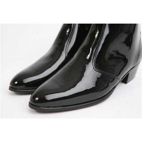 Mens Inner Real Leather Western Glossy Black Side Zip High Heel Ankle