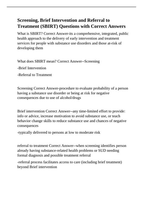 Screening, Brief Intervention and Referral to Treatment (SBIRT) Questions with Correct Answers ...
