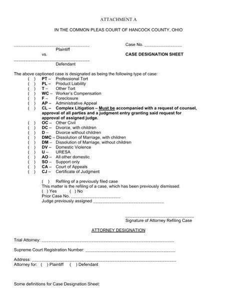 Case Designation Sheet Hancock County Common Pleas Court